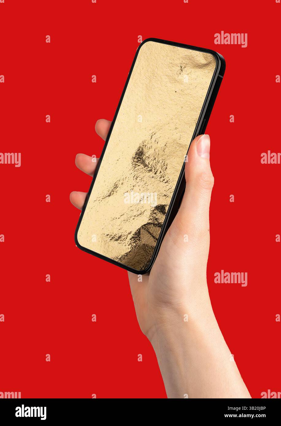 Gold smartphone in female hand. Shiny elegant device with glossy screen ...