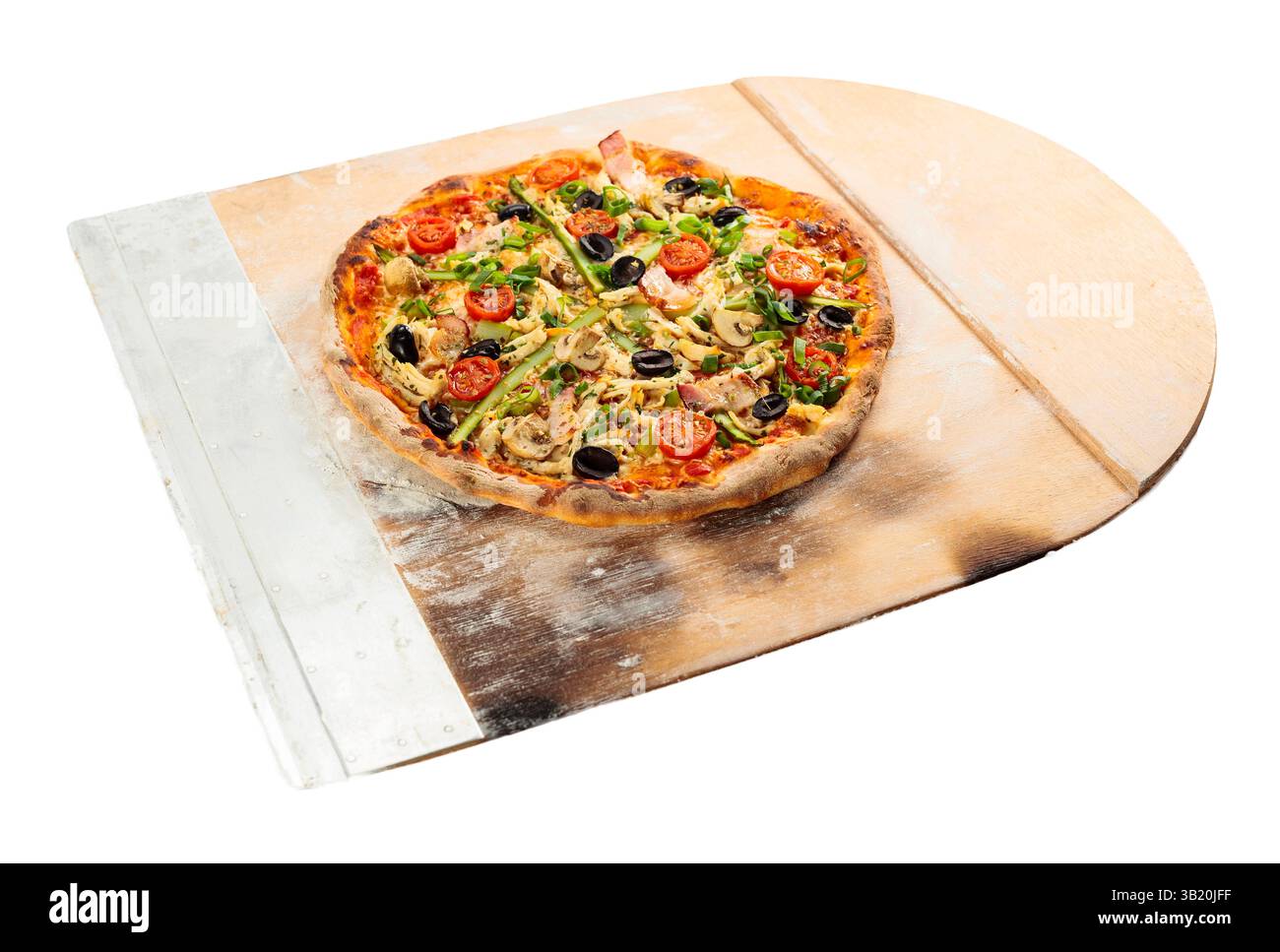 Wooden pizza paddle with crusty Italian pizza isolated on a white ...