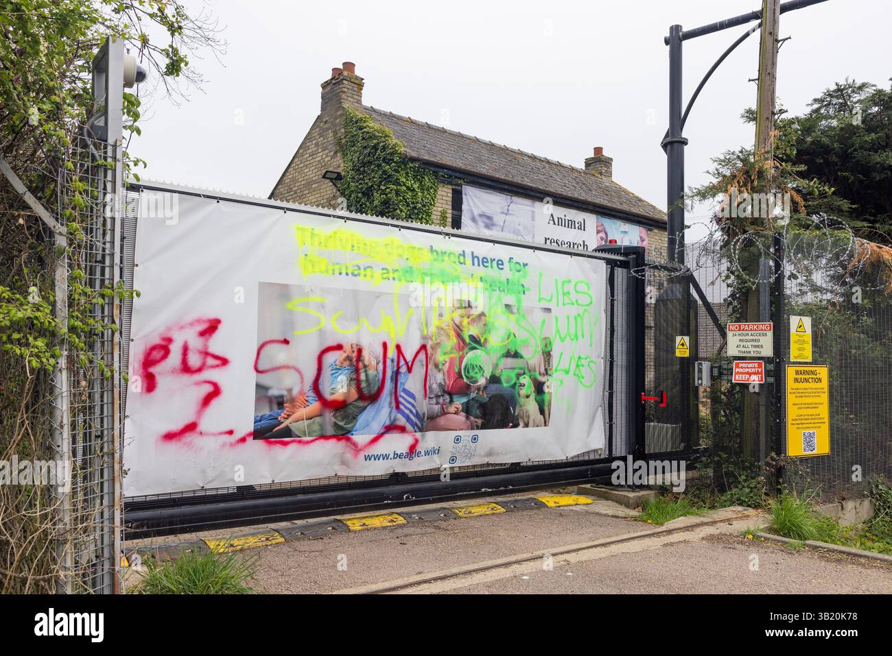 Huntingdon, UK. 26 APR, 2025. Graffiti to the front gates of MBR during ...