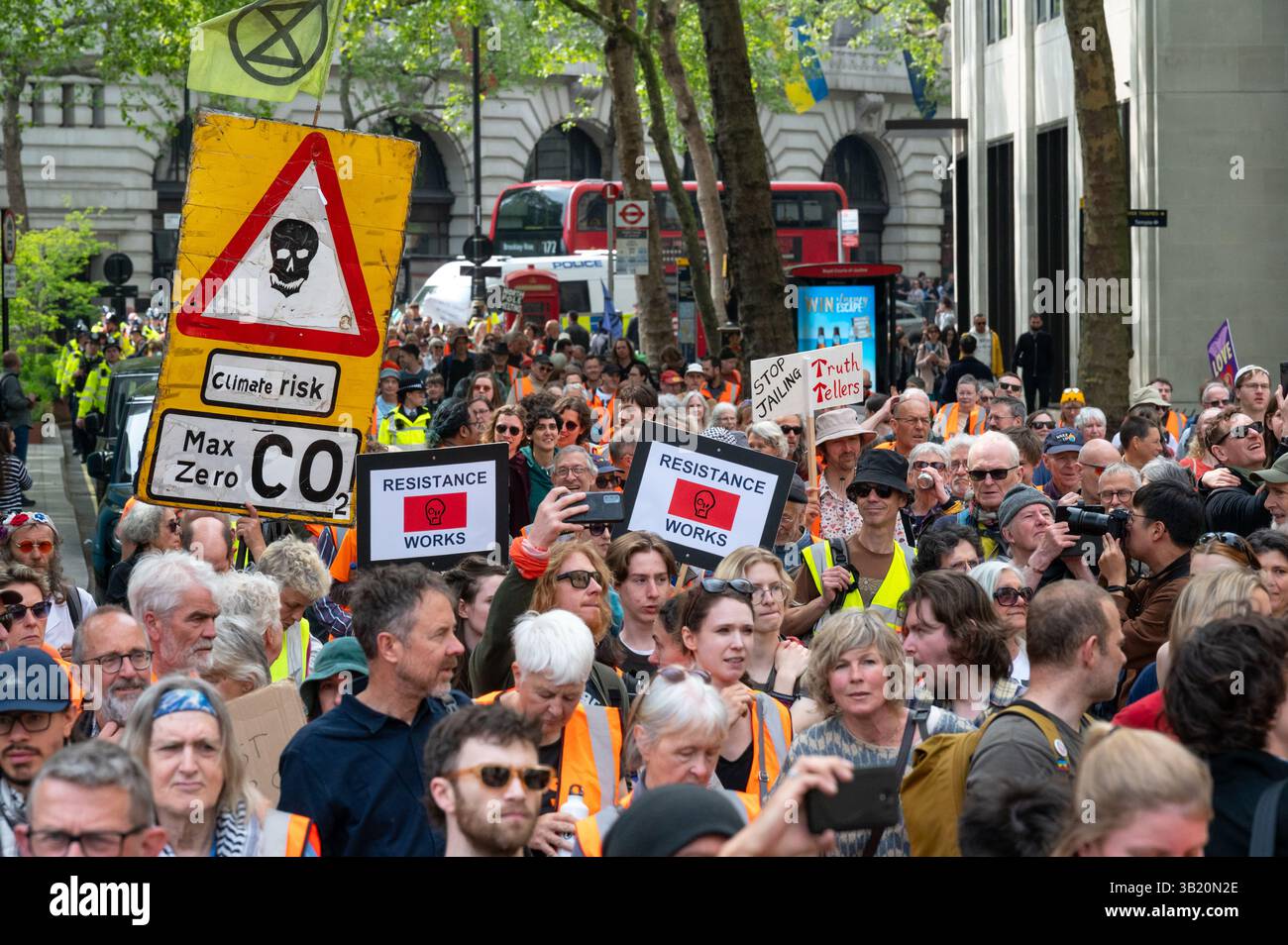 London, UK. 27 April 2025. Hundreds of Just Stop Oil (JSO) activists ...