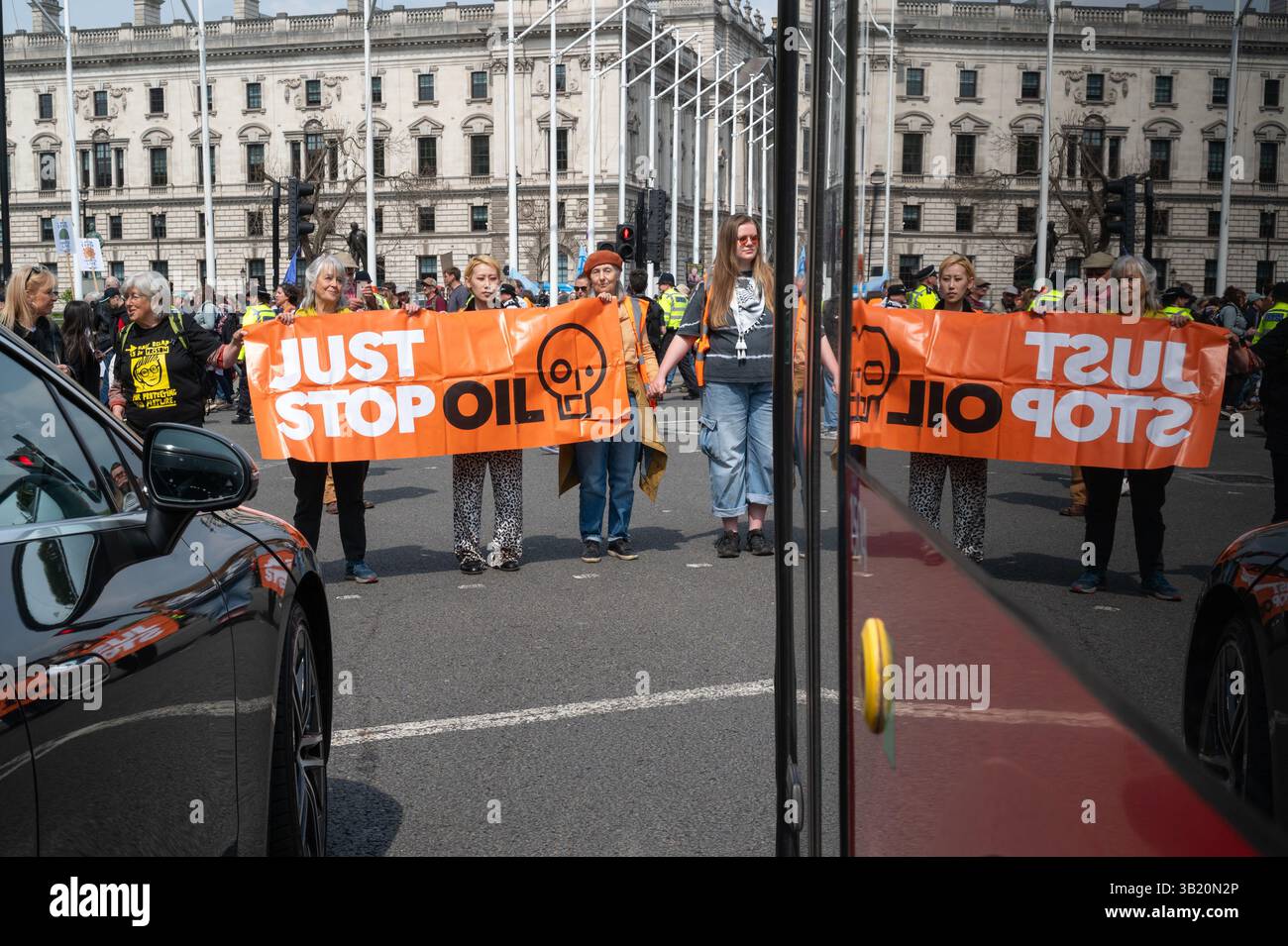 London, UK. 27 April 2025. Hundreds of Just Stop Oil (JSO) activists ...