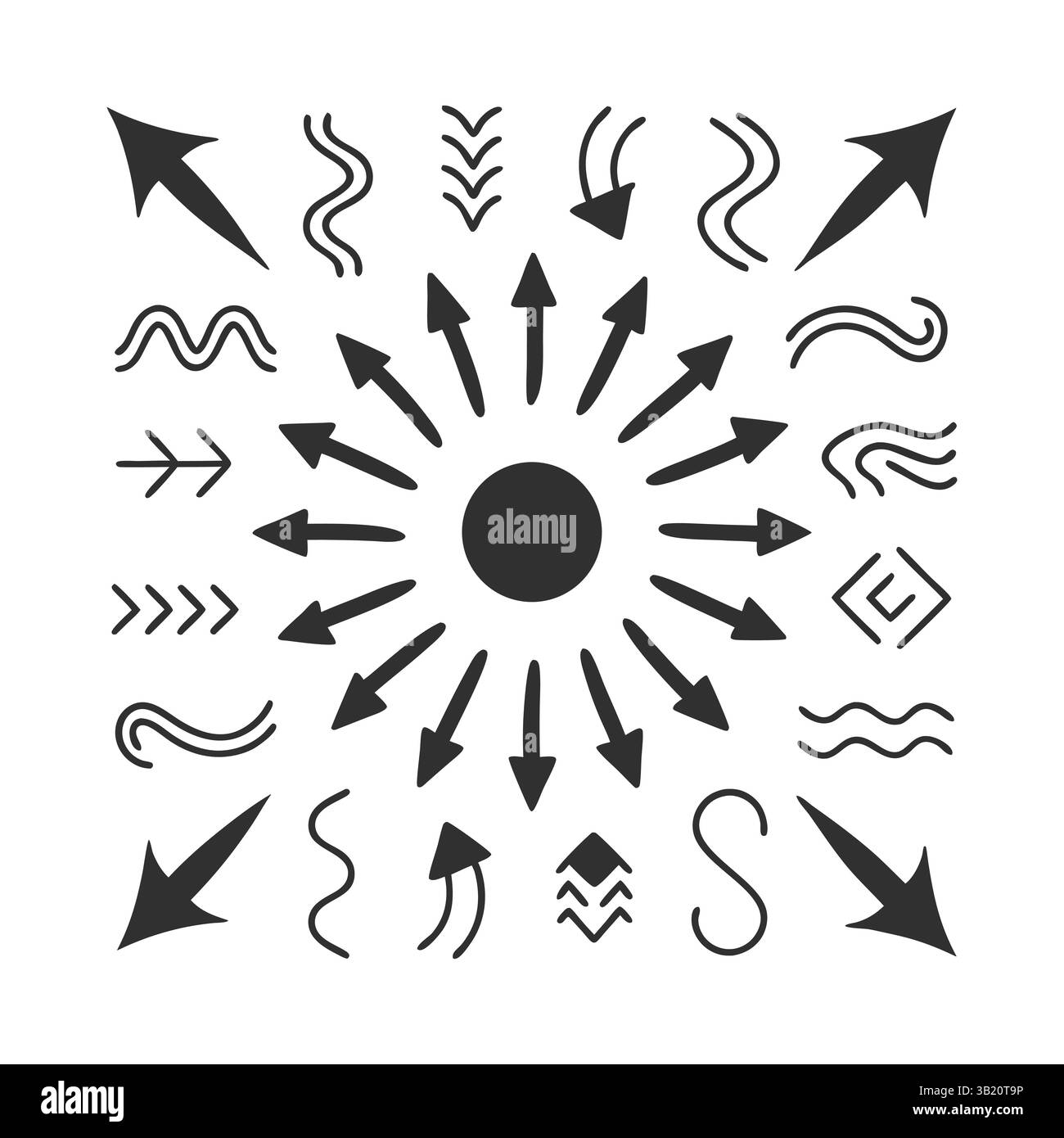 Simple Lines Hand Drawn Black Arrows Doodle Style Set Vector Graphics ...