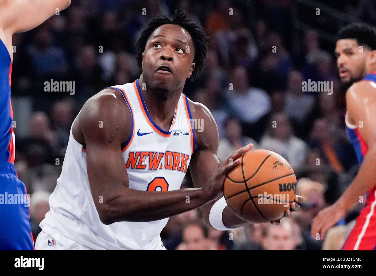 New York Knicks forward OG Anunoby (8) looks for an opening during Game 1 in an NBA basketball ...