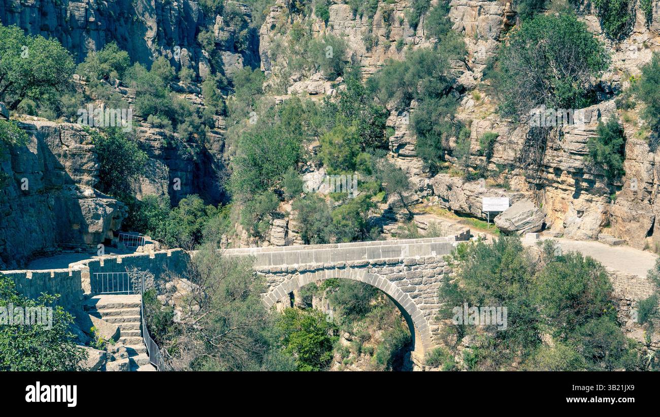 Historic Roman stone bridge spanning a rugged canyon in Köprülü Canyon ...