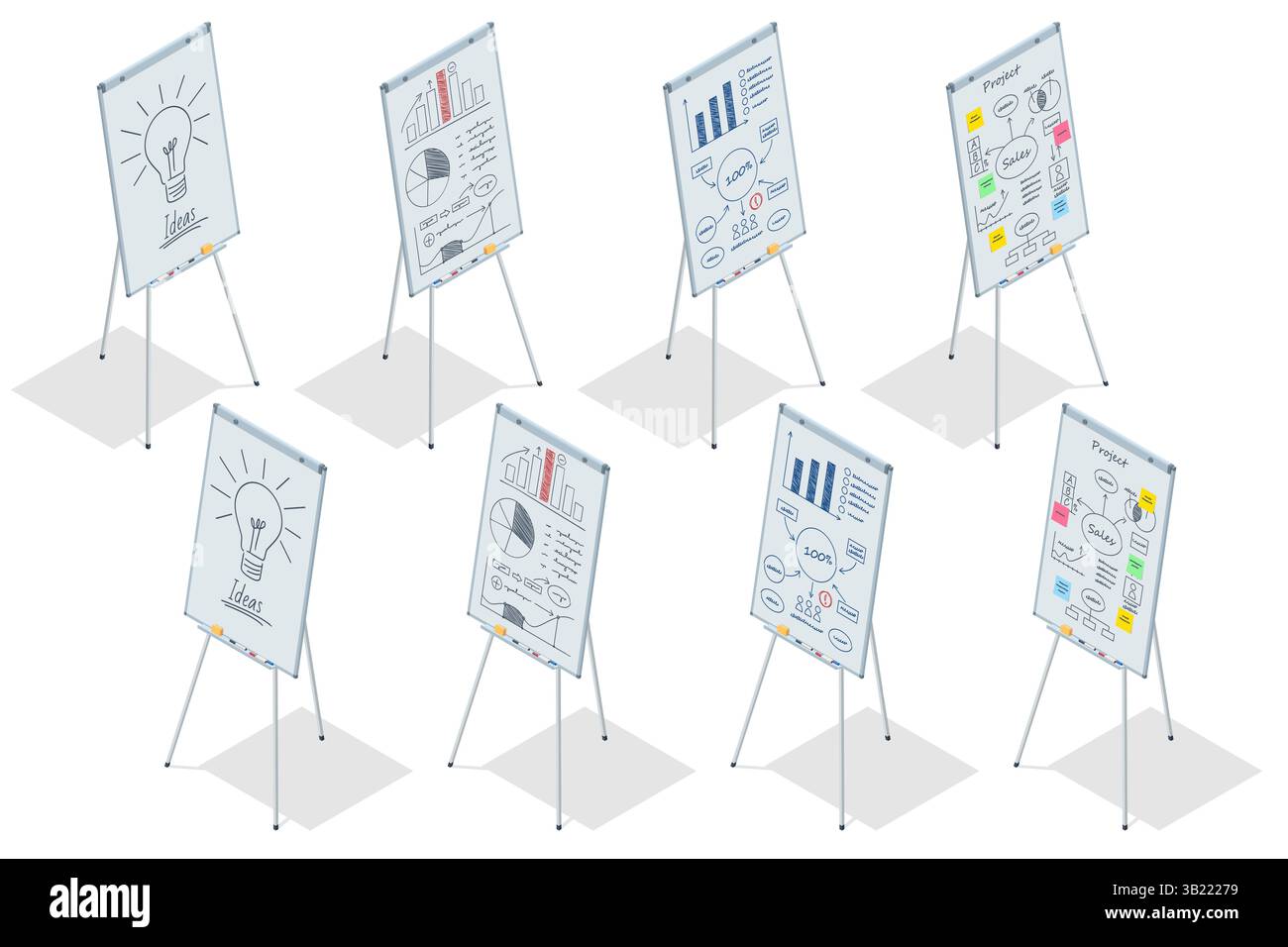 Isometric vector of flipcharts showing detailed business strategy and ...