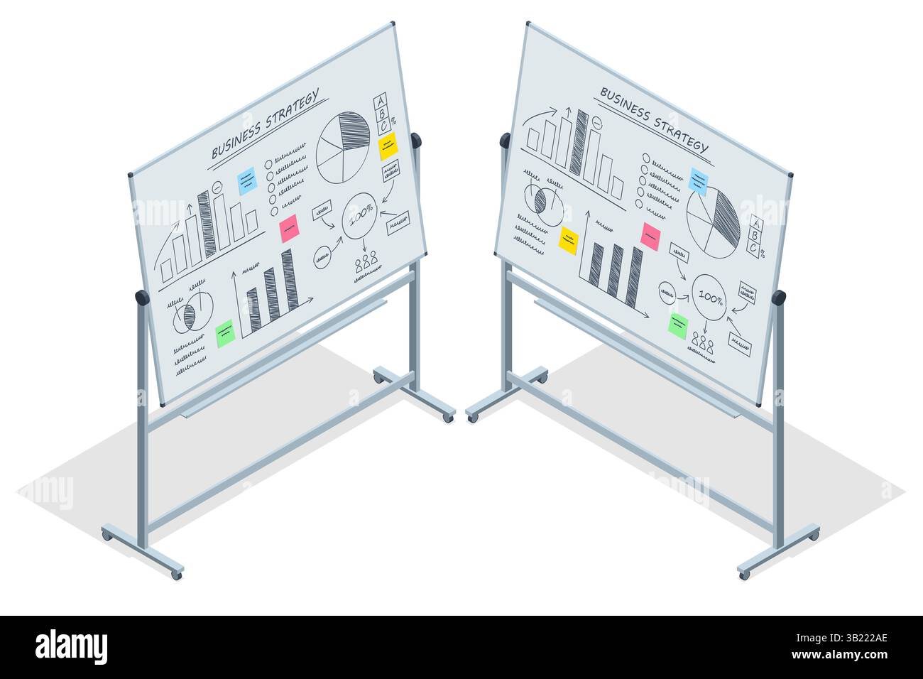 Isometric vector of two flipcharts showing detailed business strategy ...