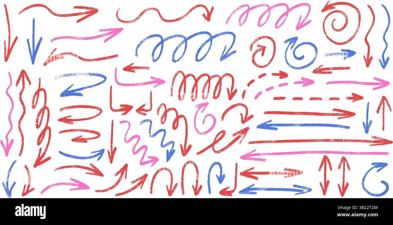 Arrows hand drawn set. Crayon straight and curved thin doodle elements ...