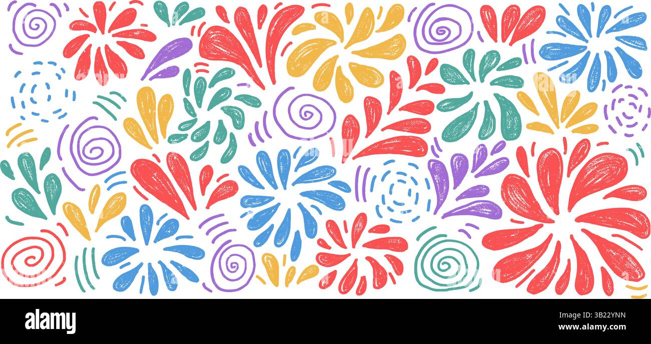 Firework multi colors sketch drawing by crayon set. Colorful party ...