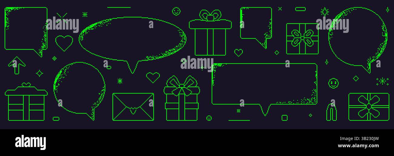 Pixel art speech bubbles set. 8 bit retro callouts with birthday ...