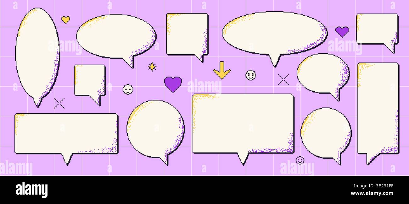 Pixel art speech bubbles set. 8 bit text boxes with hearts, arrow and ...