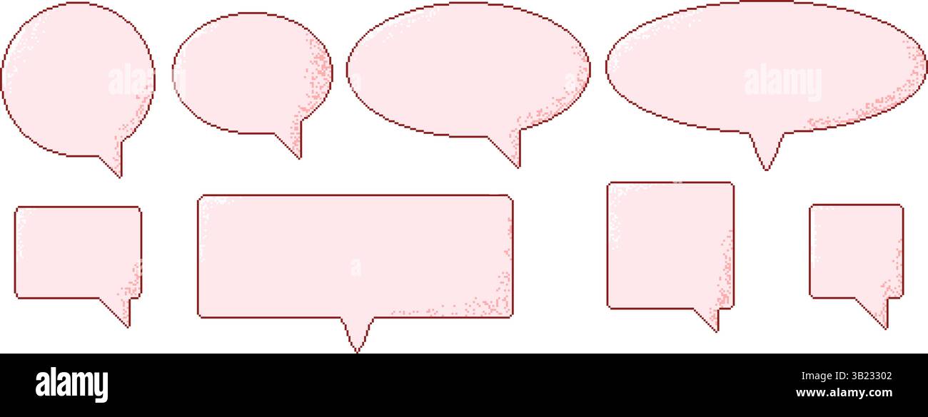 Pixel art speech bubbles. Pink coquette 8 bit text boxes set. Rectangle and round chat frames ...