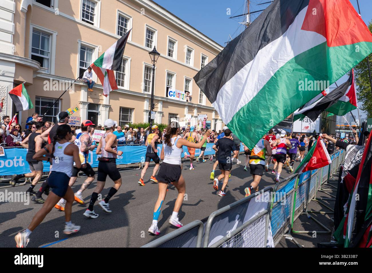 London, United Kingdom. 27th April 2025. Protestors wave Palestinian ...