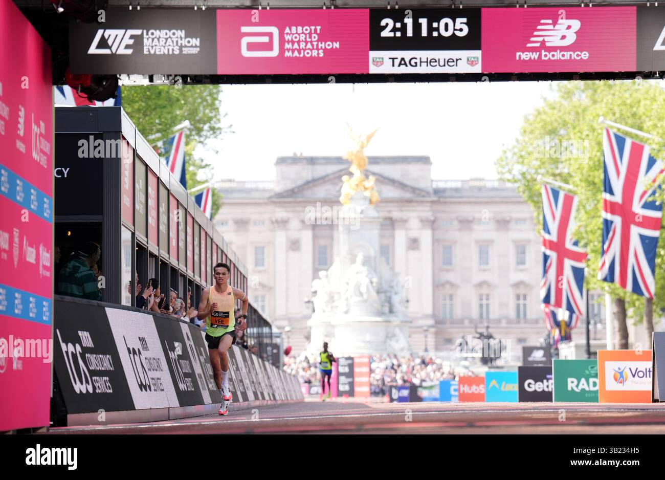 Alex Yee finishing the men's elite race during the TCS London Marathon. Picture date: Sunday ...