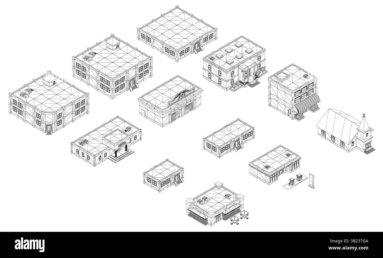 A drawing of a cityscape with a variety of buildings. The buildings are ...