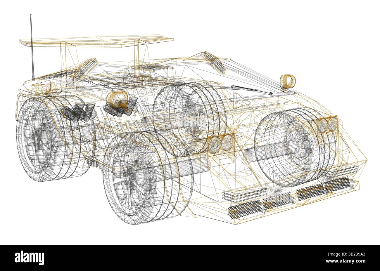 A car is shown in a black and white drawing. The car is a sports car ...