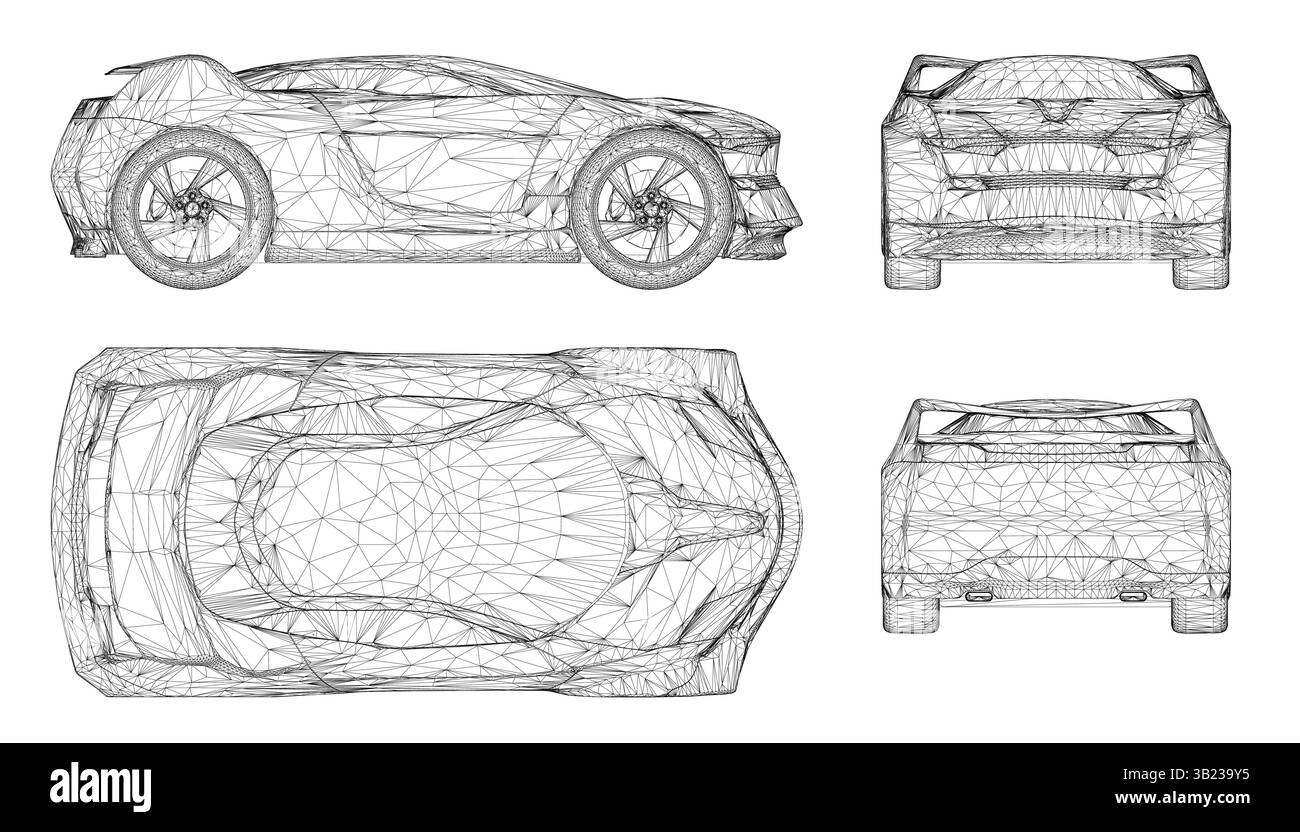 A car is shown in four different angles. The car is a futuristic design ...