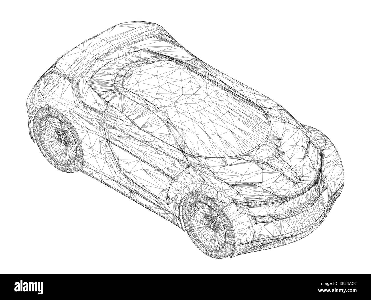 A car is shown in a black and white drawing. The car is a futuristic ...