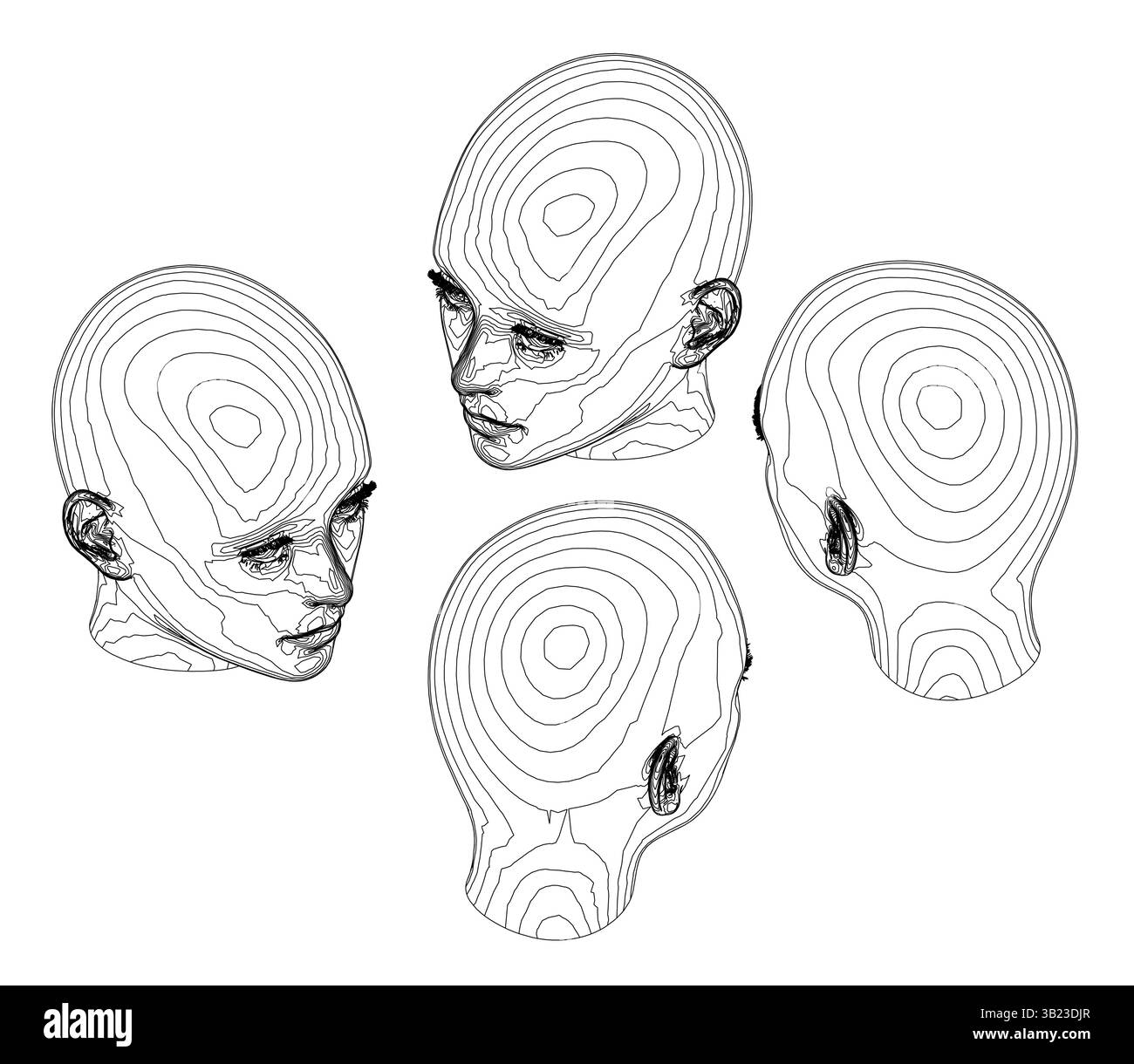 Four drawings of a head with a circle in the middle. The drawings are ...