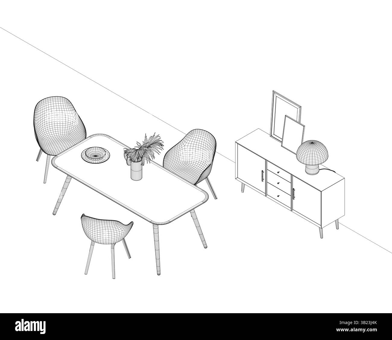 A room with a table and chairs, and a couch. The table is surrounded by ...