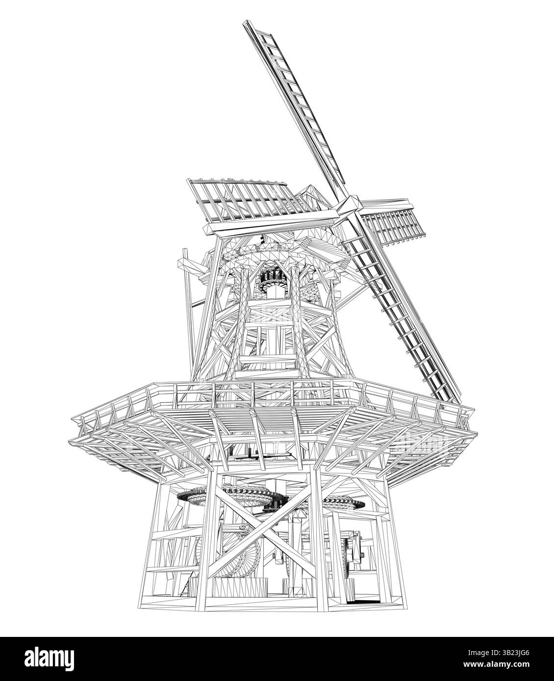 A windmill is depicted in a black and white drawing. The windmill is tall and has a large, open ...