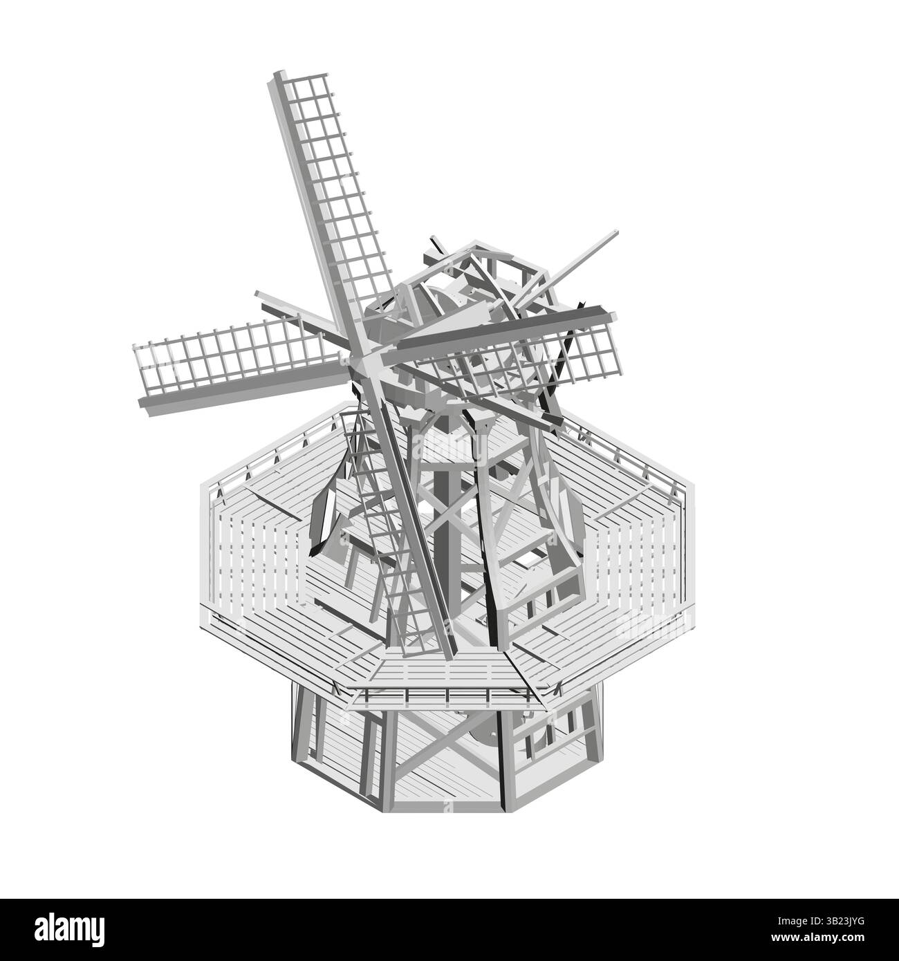 A windmill is depicted in a white and black color scheme. The windmill is tall and has a wooden ...