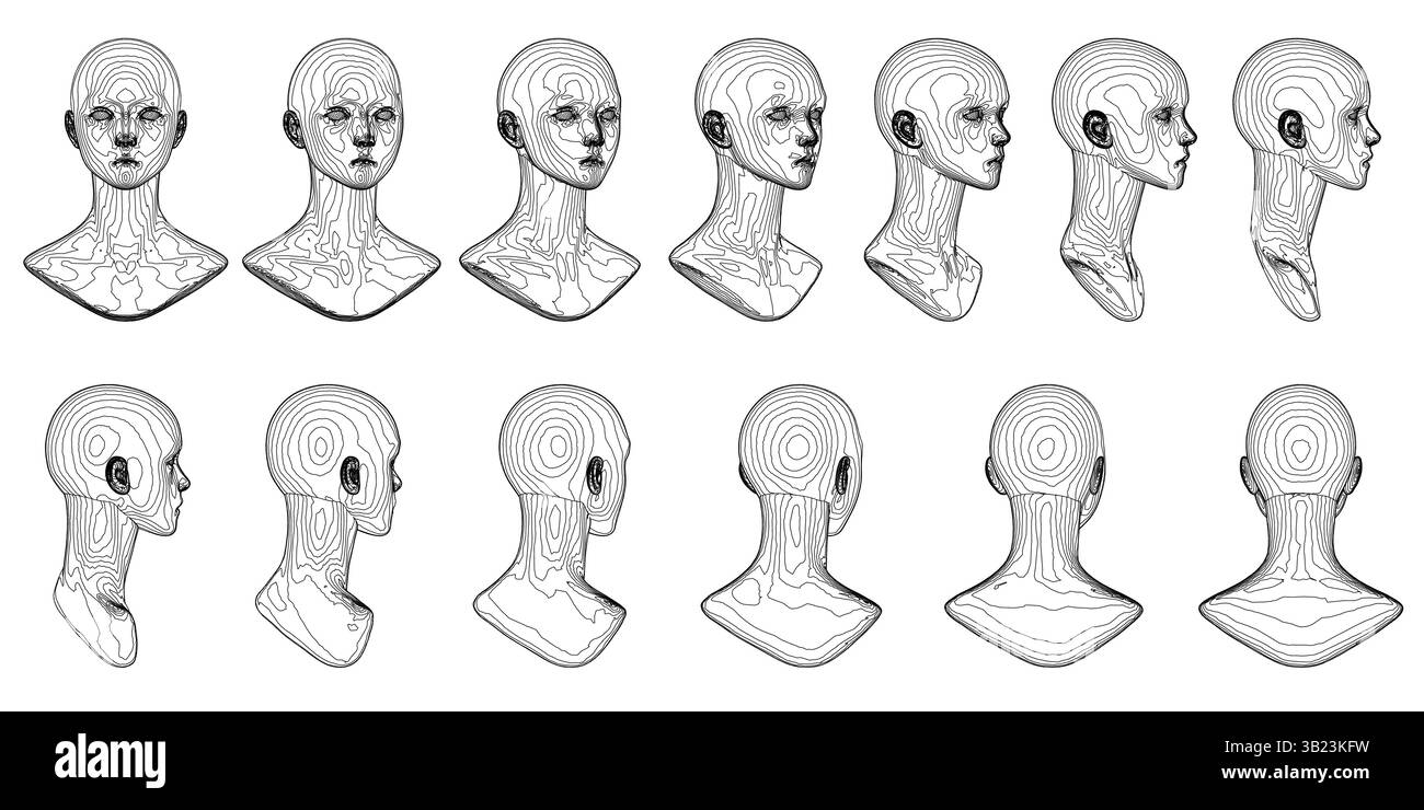 A series of black and white drawings of human heads. The drawings are ...