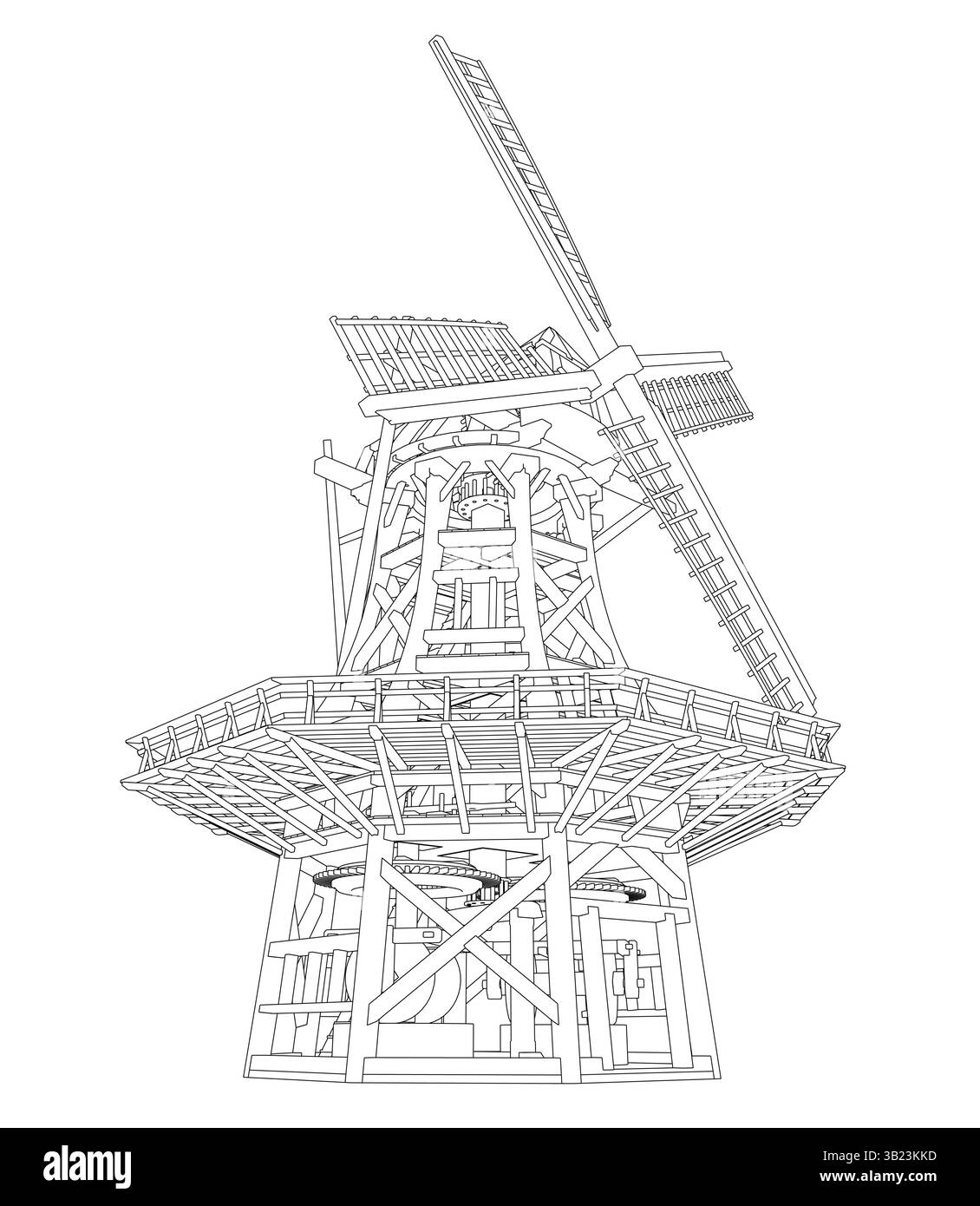A windmill is depicted in a black and white drawing. The windmill is tall and has a large, open ...