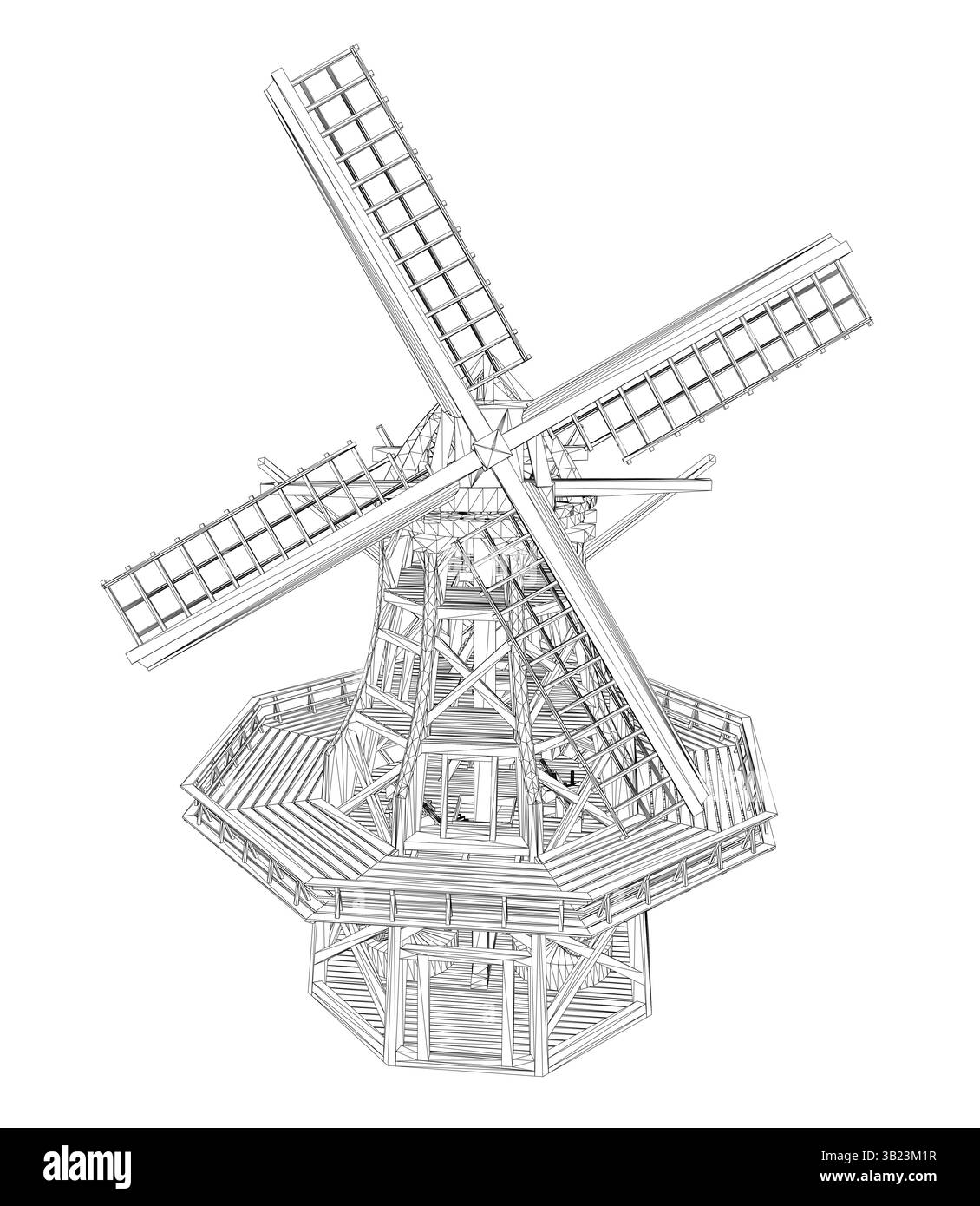 A windmill is depicted in a black and white drawing. The windmill is tall and has a large ...