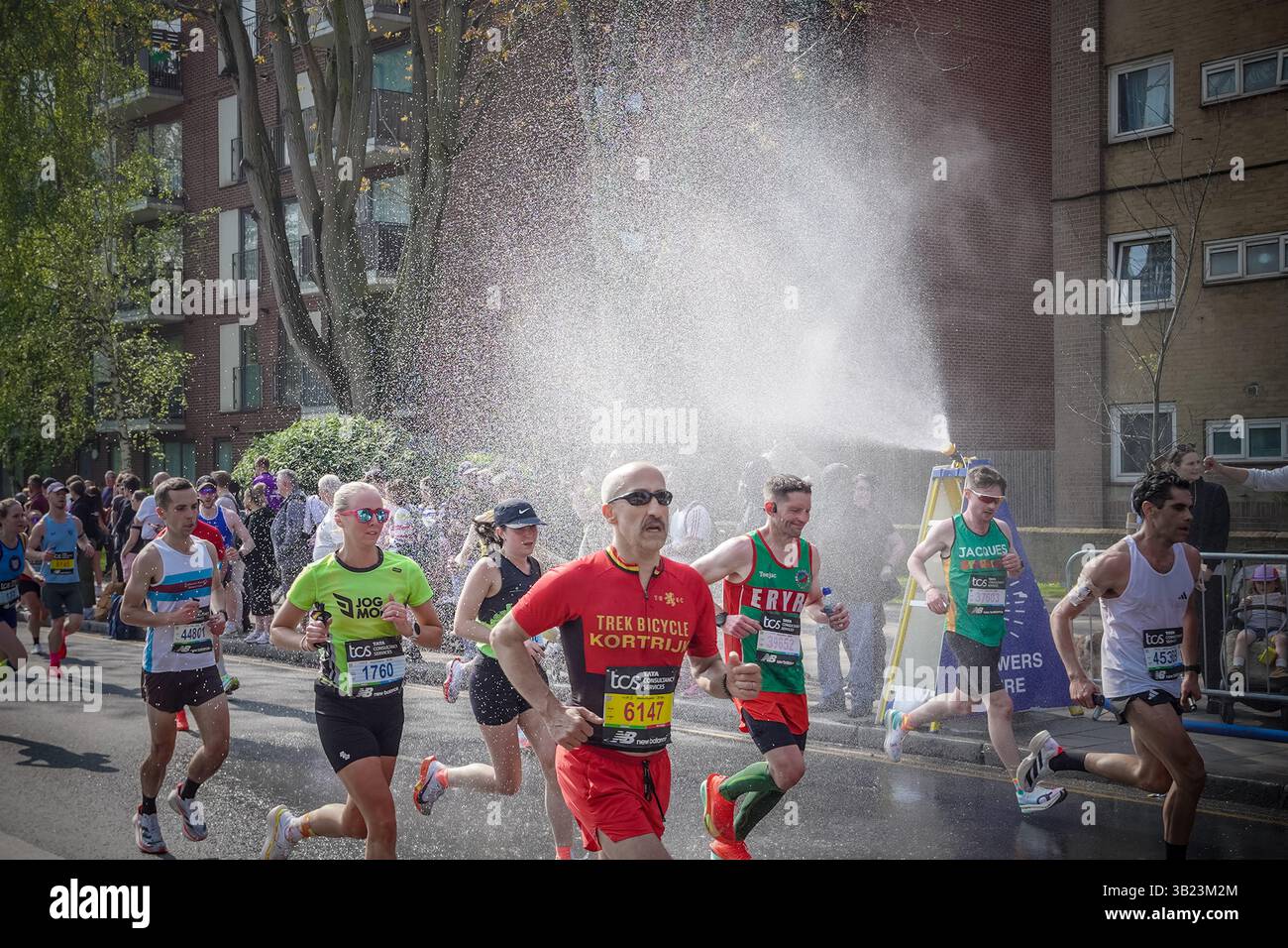 London, UK. 27th April, 2025. A high-pressure water hose provides a ...