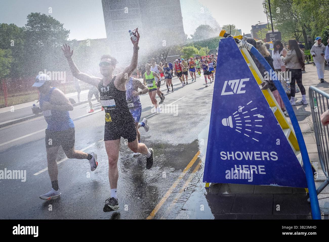 London, UK. 27th April, 2025. A high-pressure water hose provides a ...