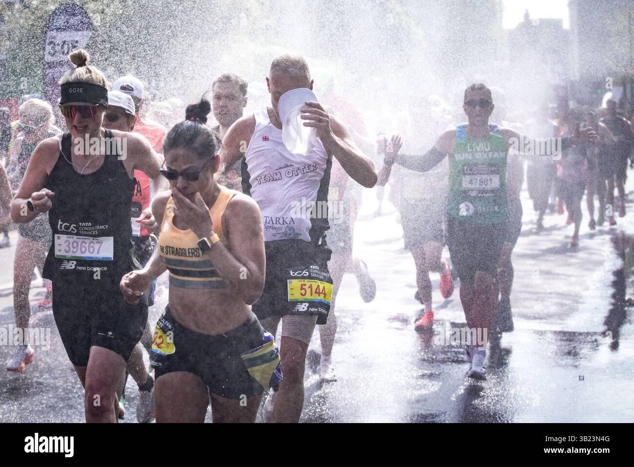 London, UK. 27th April, 2025. A high-pressure water hose provides a ...