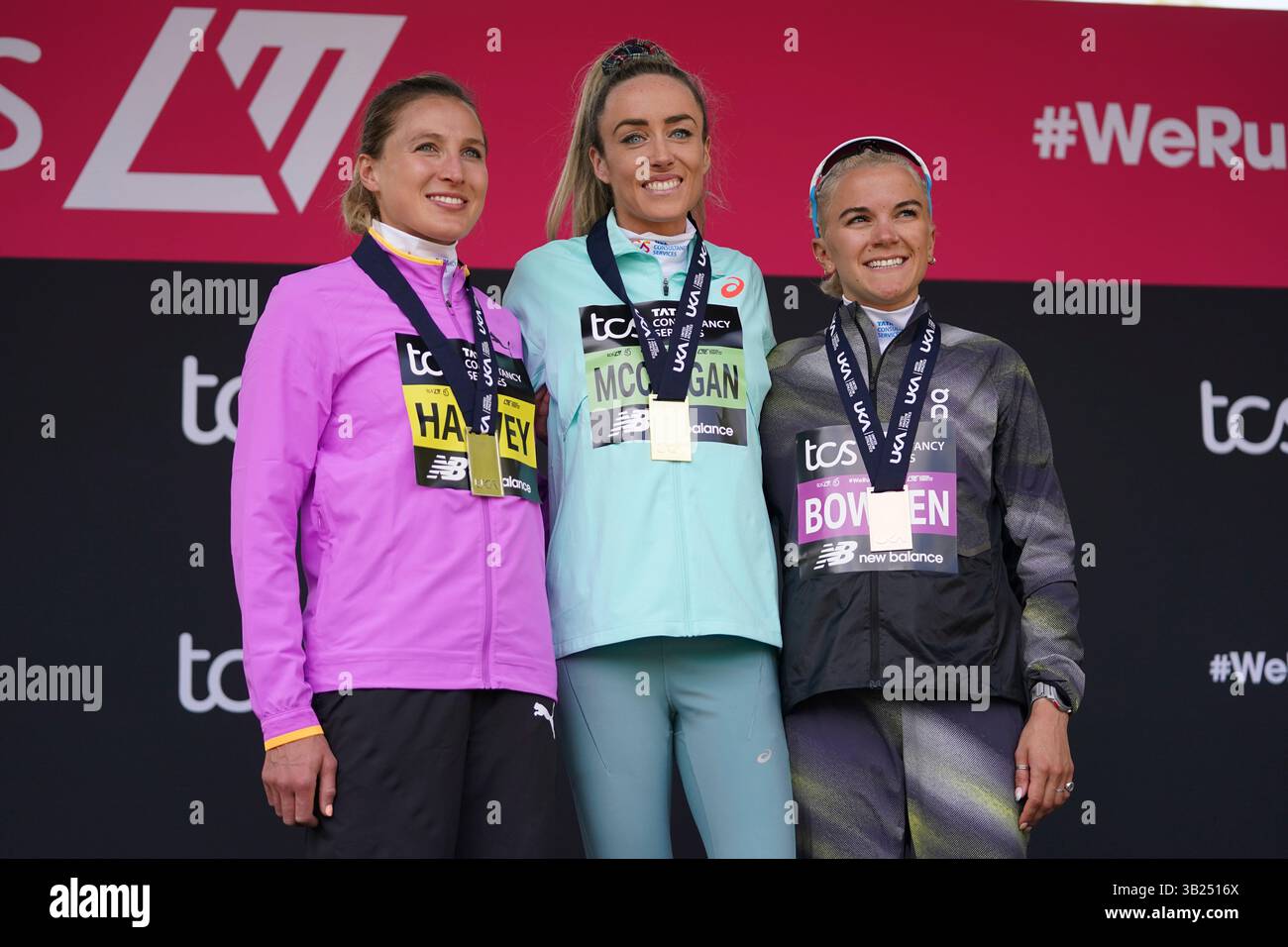 The top three finishing British women pose for the media, Eilish ...
