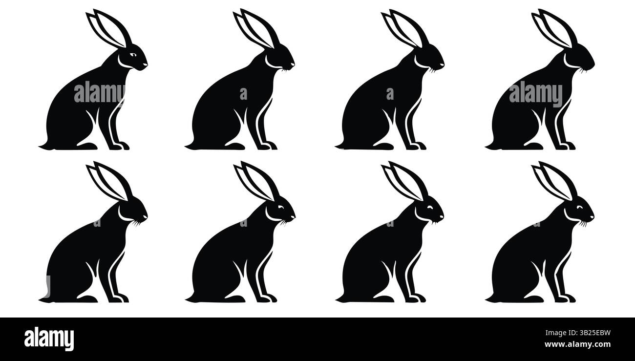 Cute Rabbit Vector Silhouette Set of White and Black Bunny Animals ...