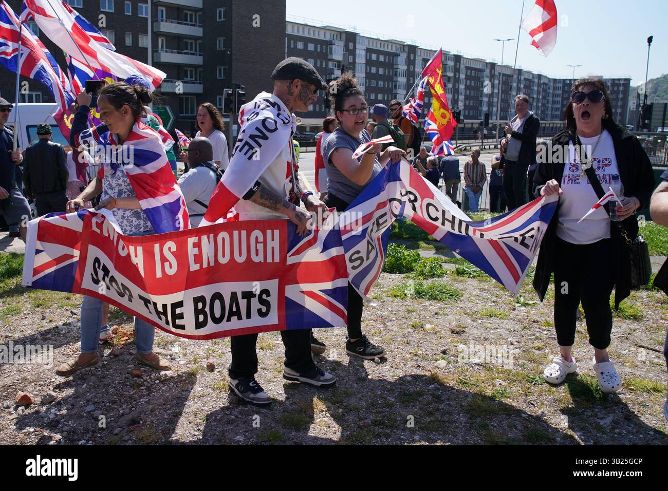 Protesters in Dover during a 'Stop the Boats' protest. Picture date ...
