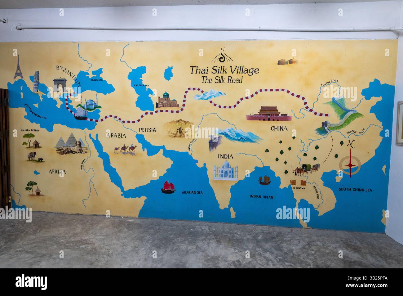 An illustrated wall map of the Thai Silk Road from China to Turkey at ...