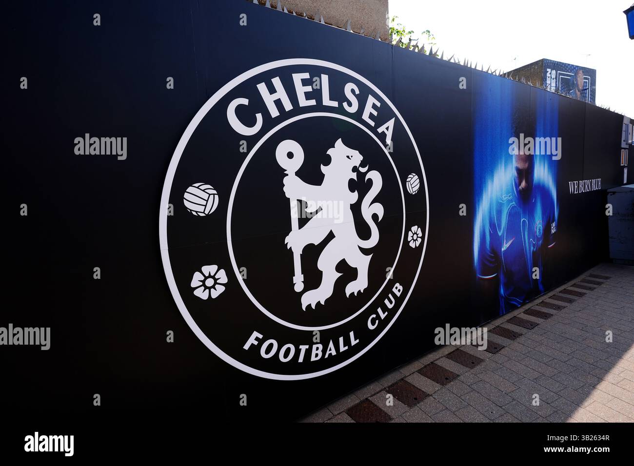 The Chelsea crest outside Stamford Bridge, London. Picture date: Sunday ...
