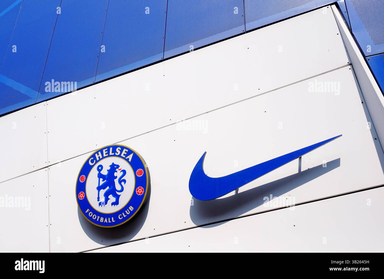 A general view of the Chelsea crest and Nike logo outside Stamford ...