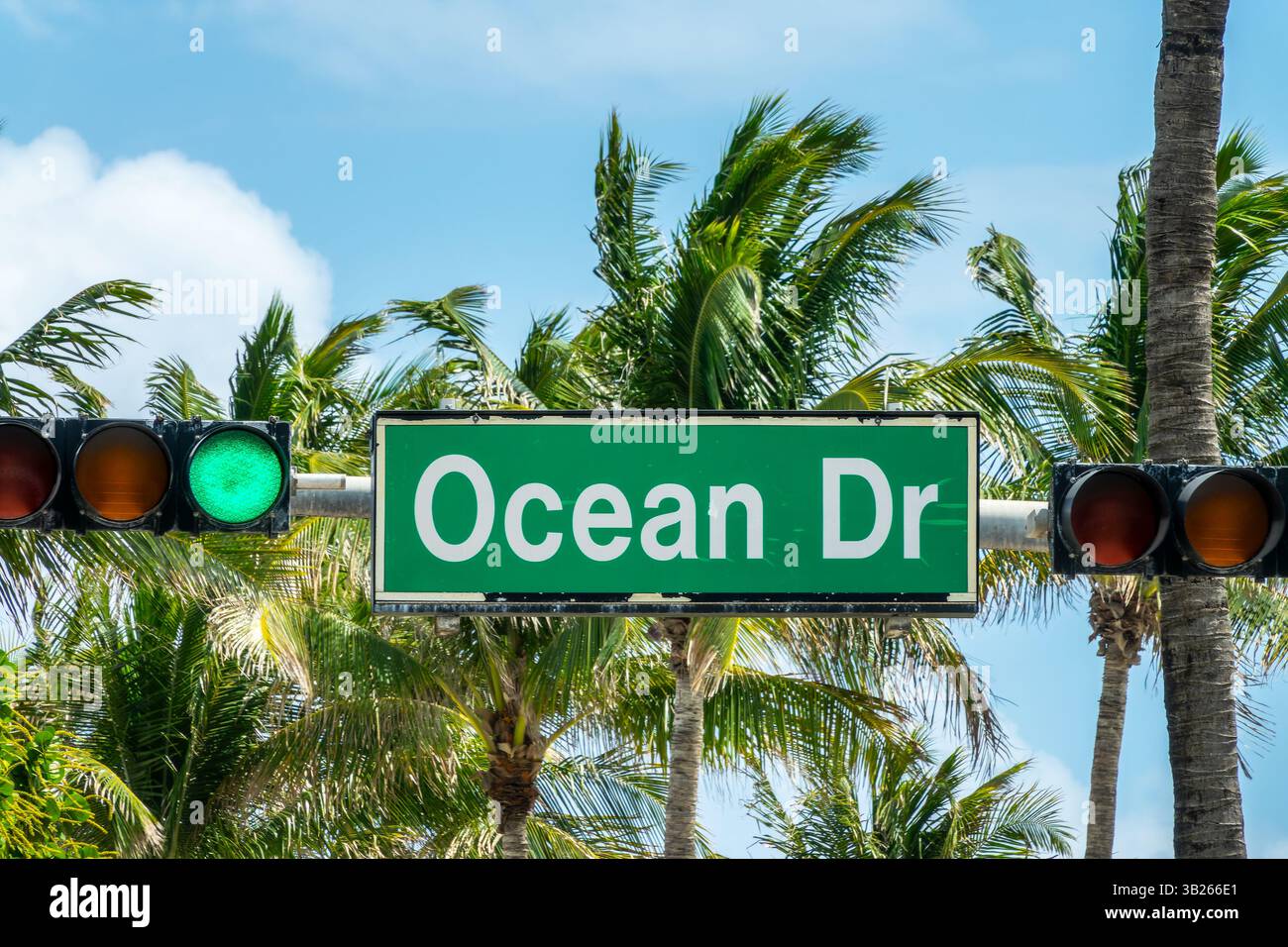 Ocean Drive street sign, traffic lights and palm trees in Miami Beach ...