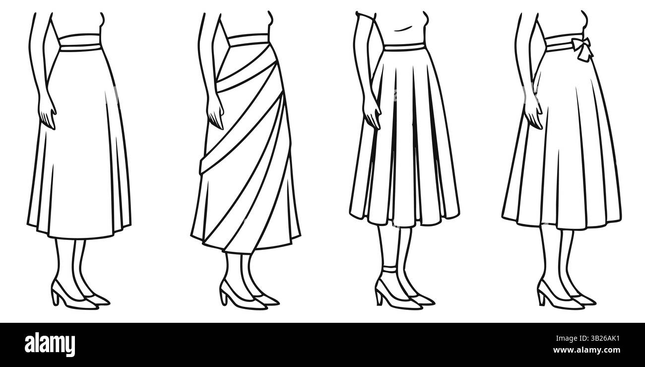 Elegant Long Skirt Fashion Vector Silhouette Set with High Slit and ...