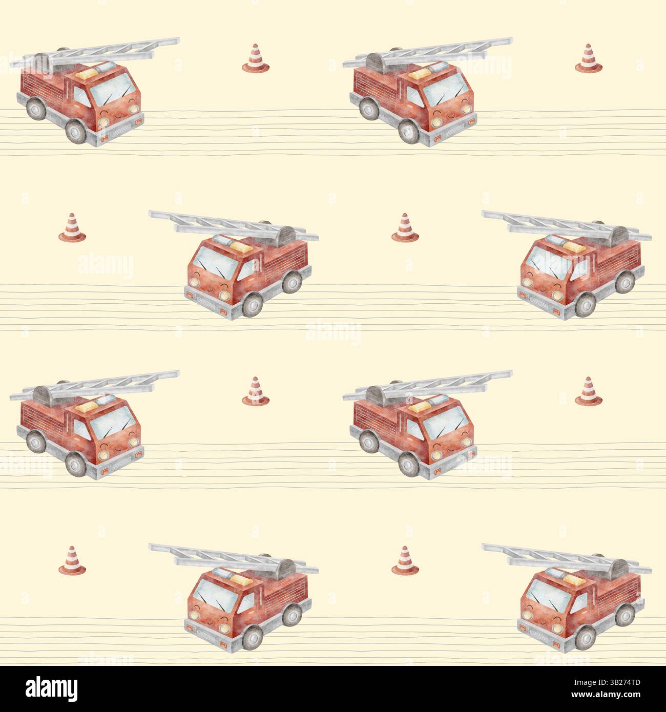 Watercolor pattern fire engine, car for a boy. Illustration hand drawn ...