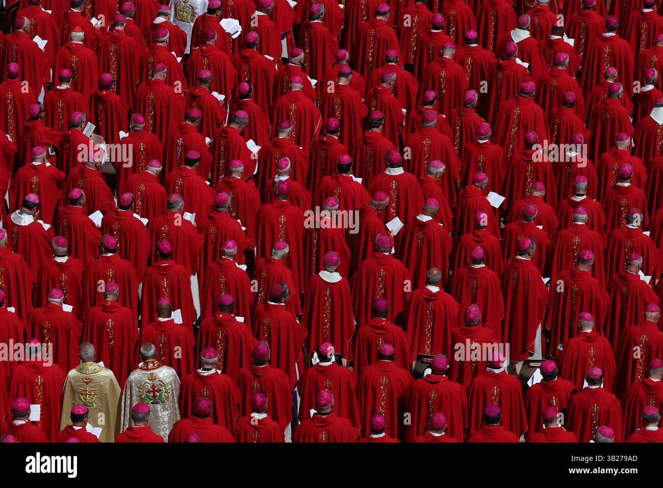 Vatican City, April 26, 2025: The red color of the cardinals attending ...