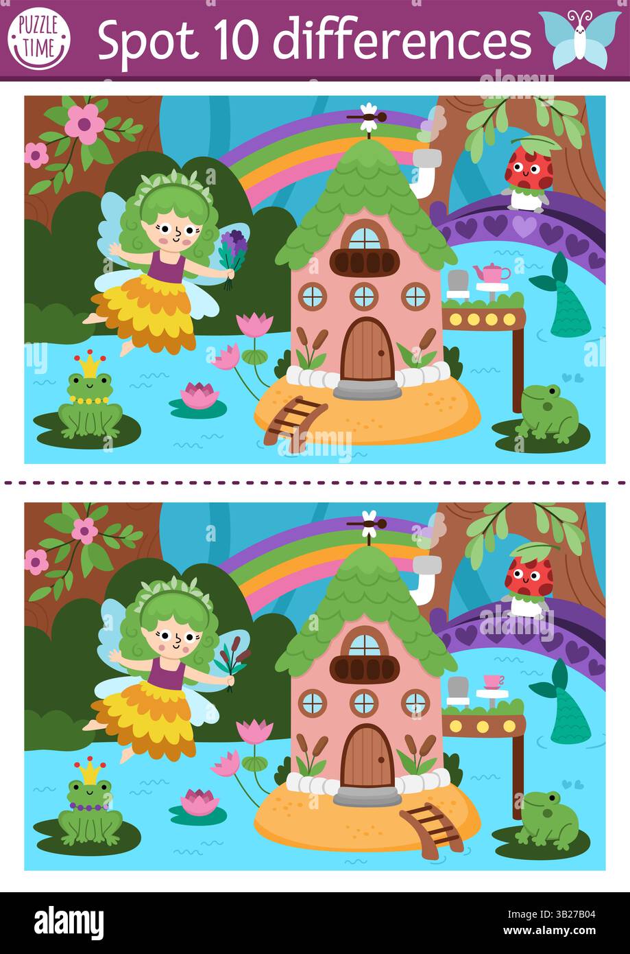 Find differences game for children. Fairyland educational activity with ...