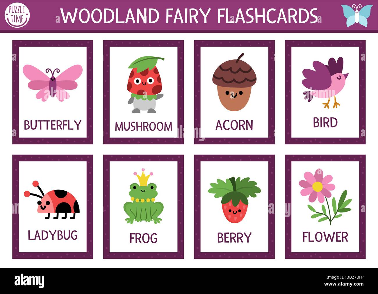 Vector fairyland flash cards set with butterfly, acorn, berry, bird ...
