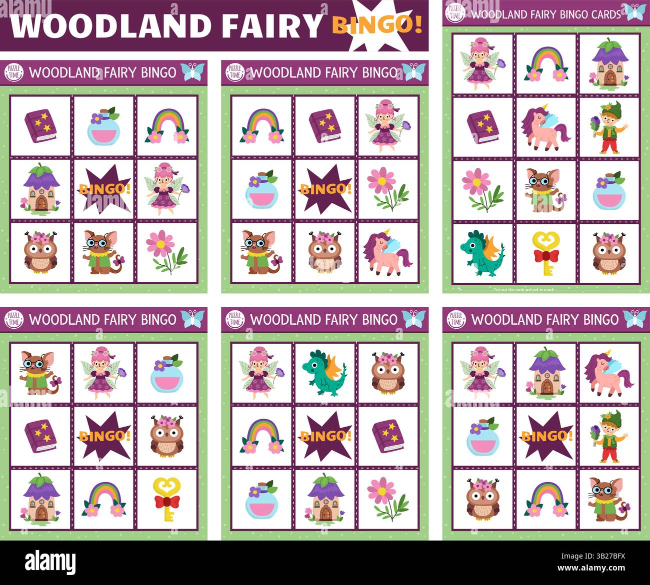 Vector fairyland bingo cards set. Fun family lotto board game with cute ...