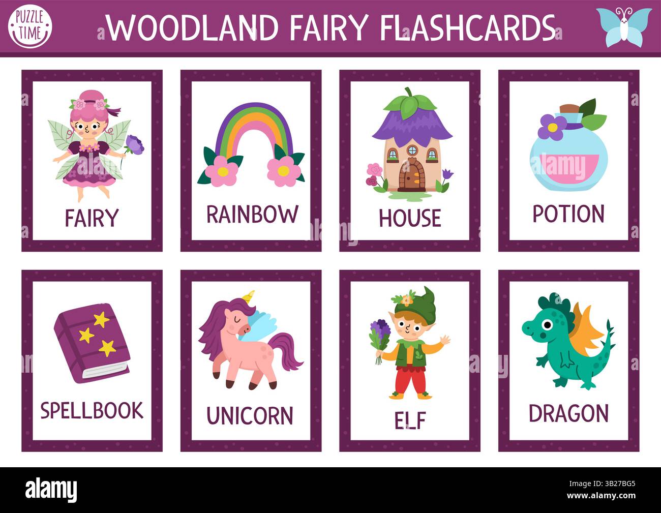 Vector fairyland flash cards set with fairy, rainbow, house, dwarf, elf ...