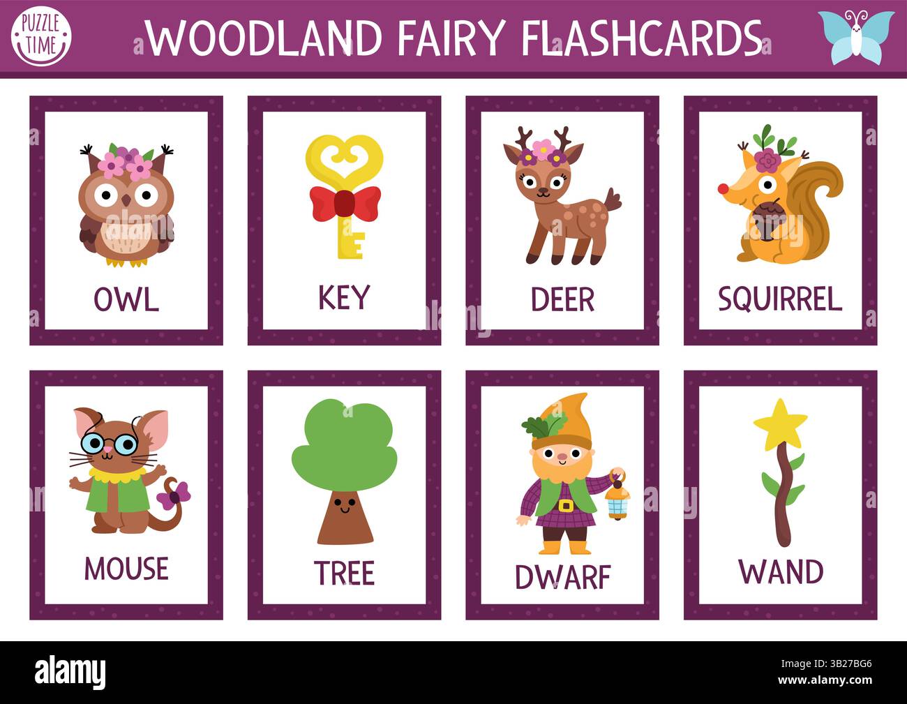 Vector fairyland flash cards set with owl, deer, squirrel, dwarf, tree ...