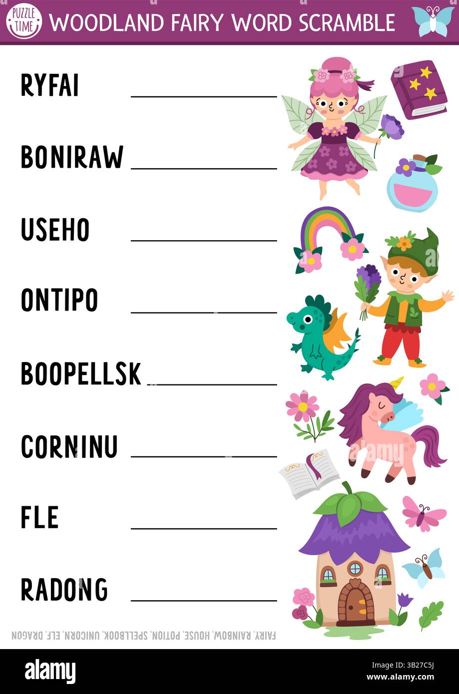 Vector fairyland word scramble activity page. English language game ...