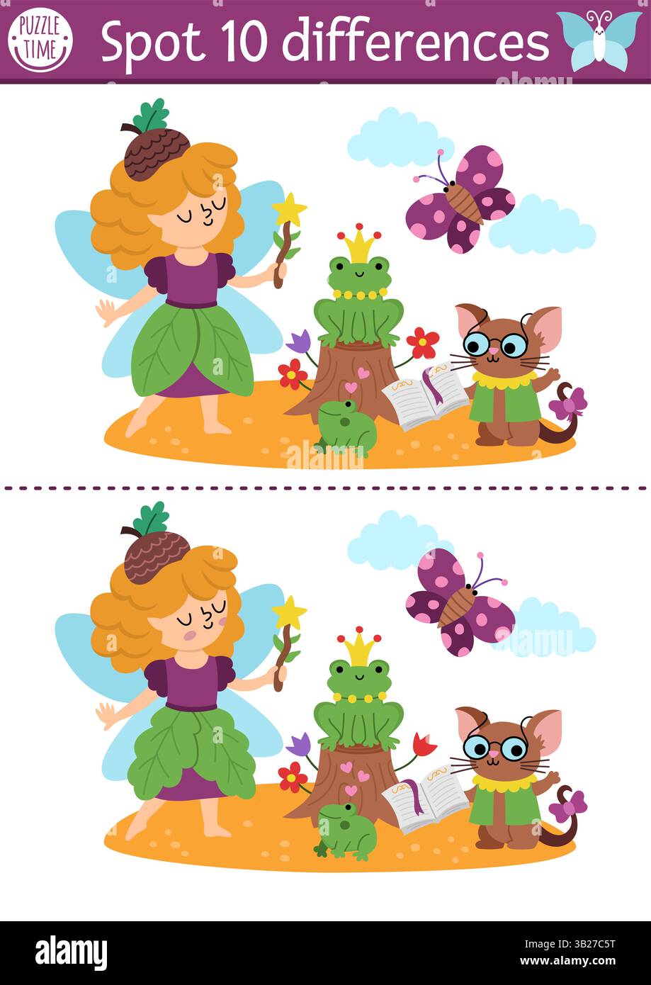 Find differences game for children. Fairyland educational activity with ...