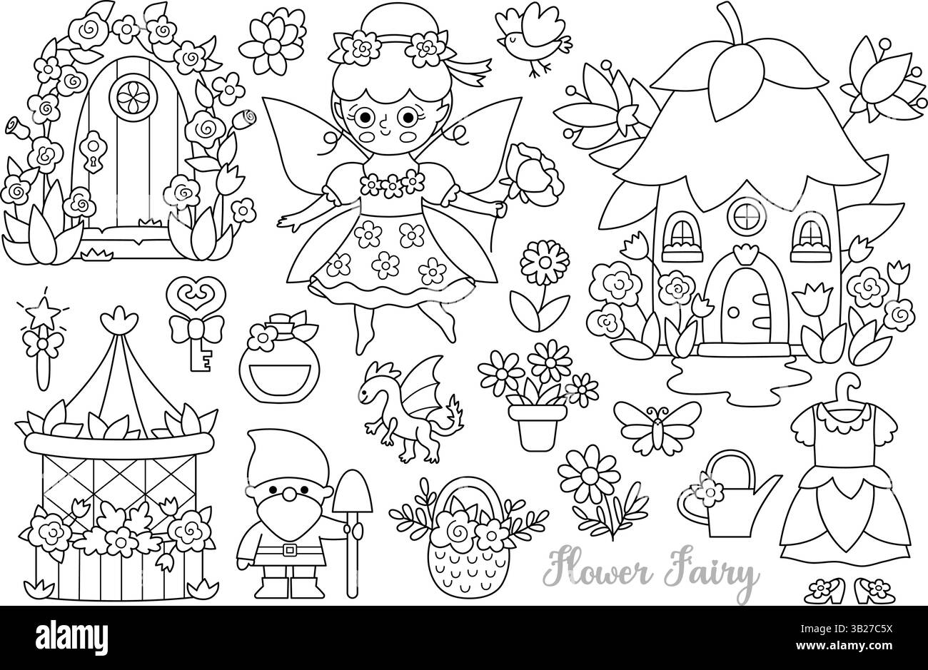 Vector black and white flower fairy clipart set. Cute girl line icons ...