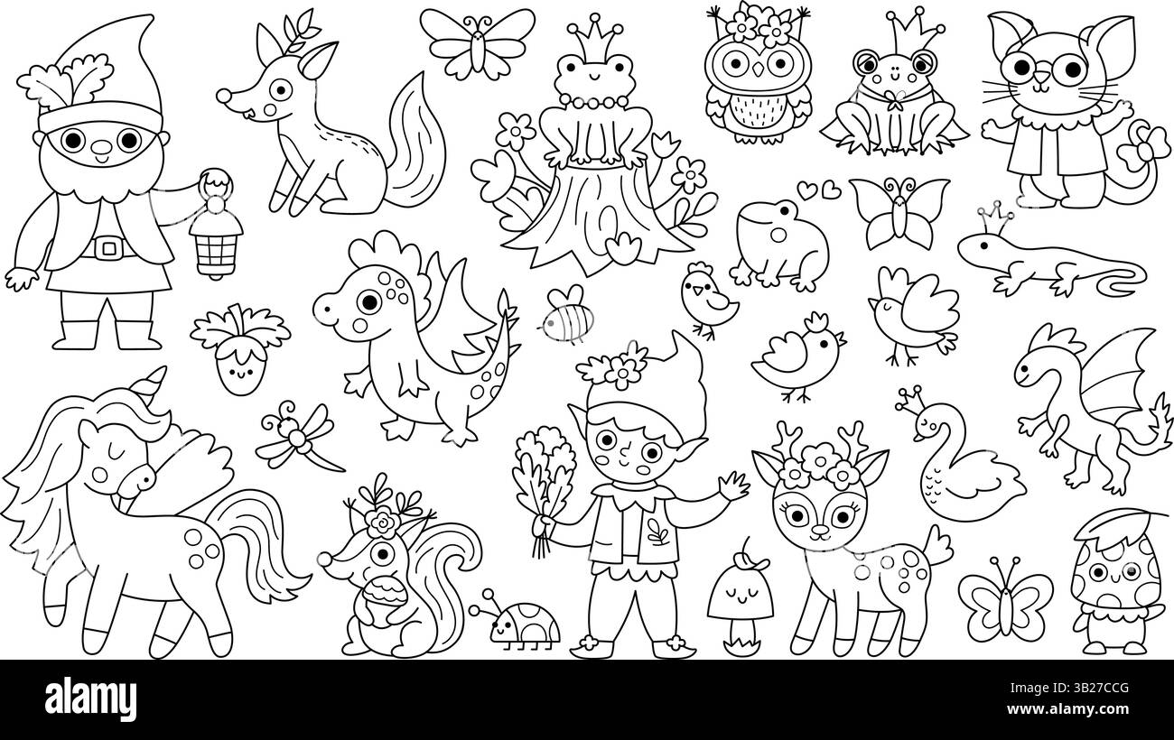 Vector black and white magic creature clipart set. Cute fairytale ...